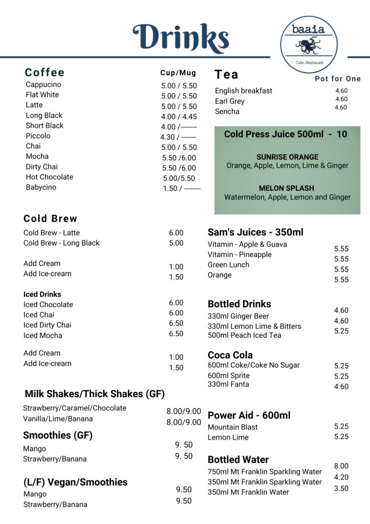 Our Menus - Baaia Cafe Sandgate