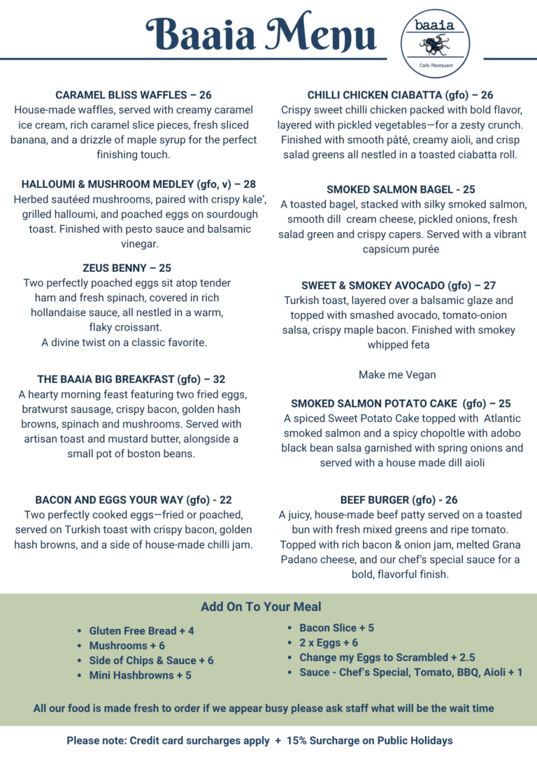 Our Menus - Baaia Cafe Sandgate