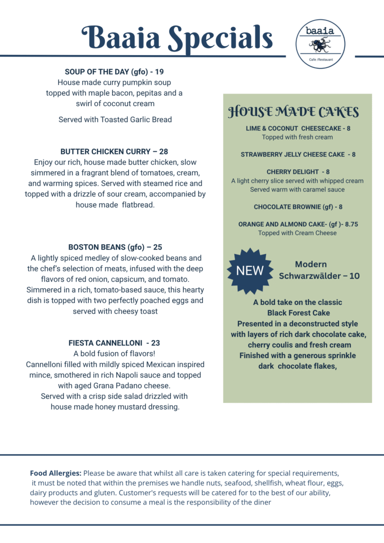 Our Menus - Baaia Cafe Sandgate